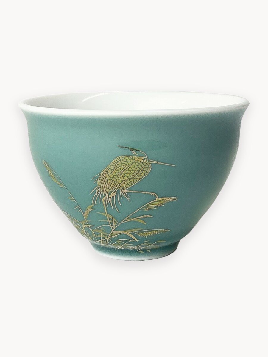Чашка чайная (пиала) - Журавли, бирюзовая, фарфор, 75 мл, Китай. (268079)