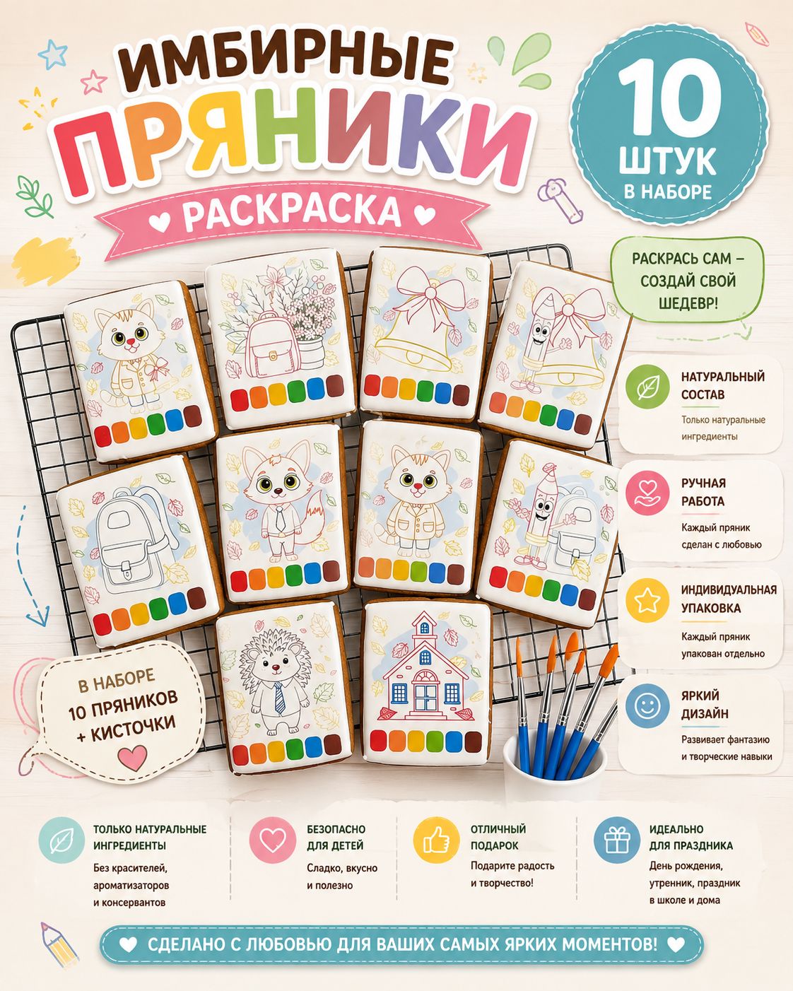 Имбирные пряники-раскраска на последний звонок , в школу, 10шт