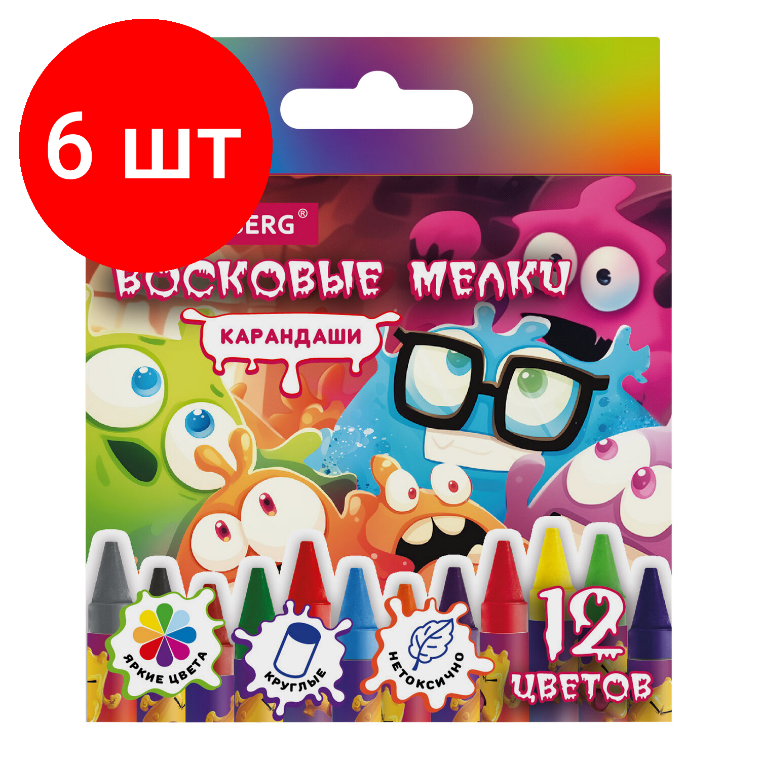 Комплект 6 шт, Восковые мелки BRAUBERG CUTE MONSTERS, 12 цветов, 273238