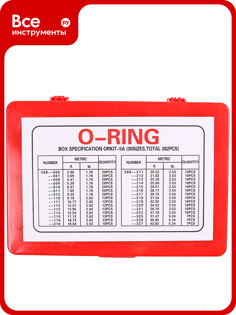 Набор резиновых уплотнительных колец Крал O-RING 30 размеров, 382 шт, (кейс) (красный)
