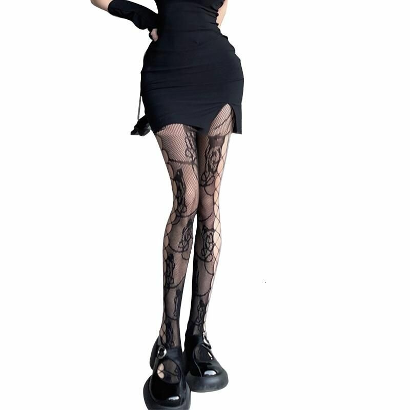 Женские черные сетчатые колготки с розами