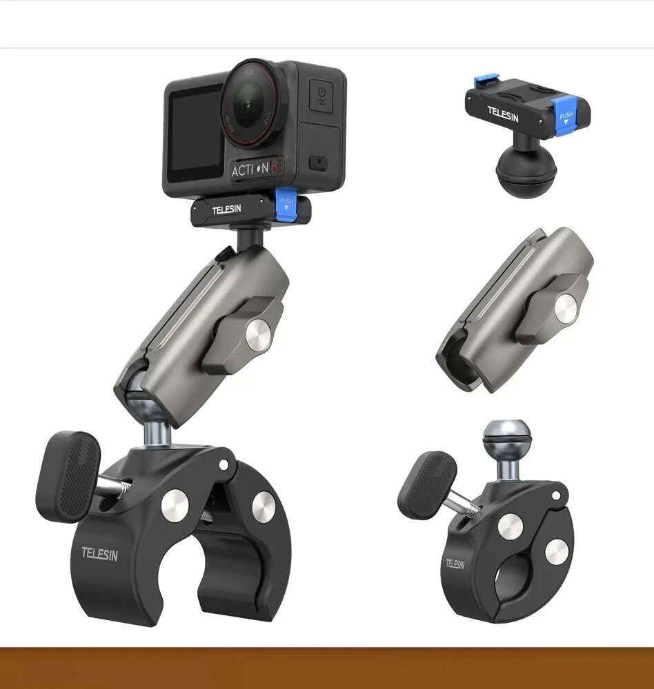 Крепление TELESIN Super Clamp Велосипедное крепление для Osmo 360/Action 5 Pro/Action 5/Action 4/Pocket 3 Магнитный зажим с двойной блокировкой Шаровая головка с поворотом на 360