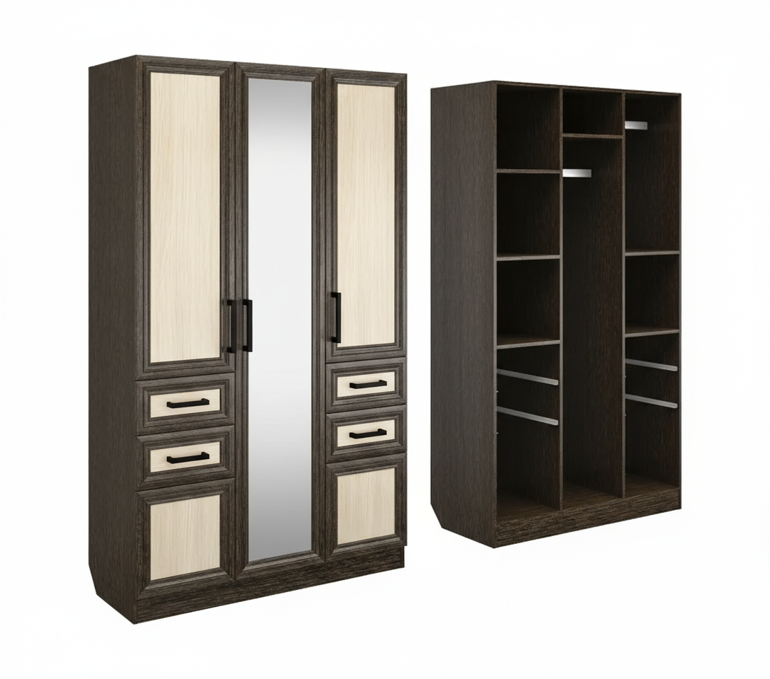 Шкаф распашной, гардероб, шкаф для одежды с зеркалом ШК-3/4 120/210/52 Венге/Дуб молочный