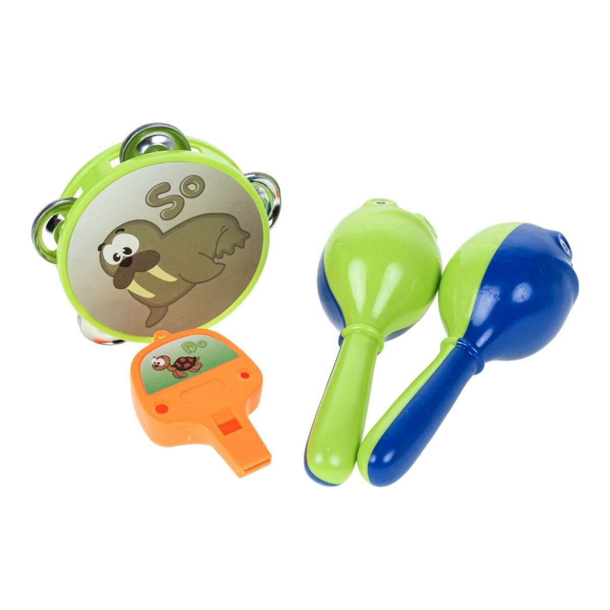 Набор музыкальных инструментов для детей, 4 предмета: бубен, маракасы 2 шт, свисток, пластик, разноцветный принт