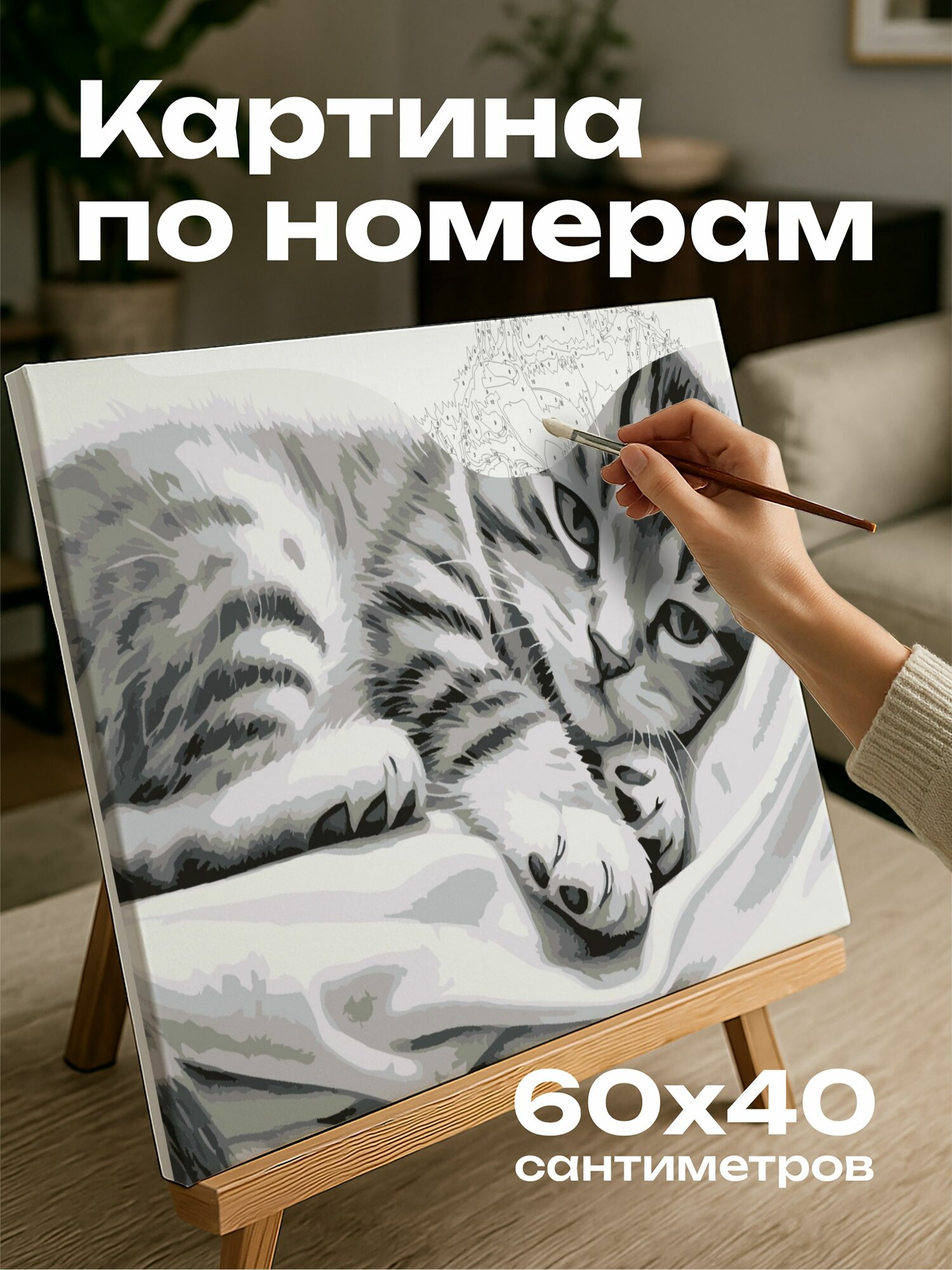 Картина по номерам 60x40 см, Котенок, уголь, подушка, сон, спокойствие, послеобеденный, мягкие штрихи, детали, уют