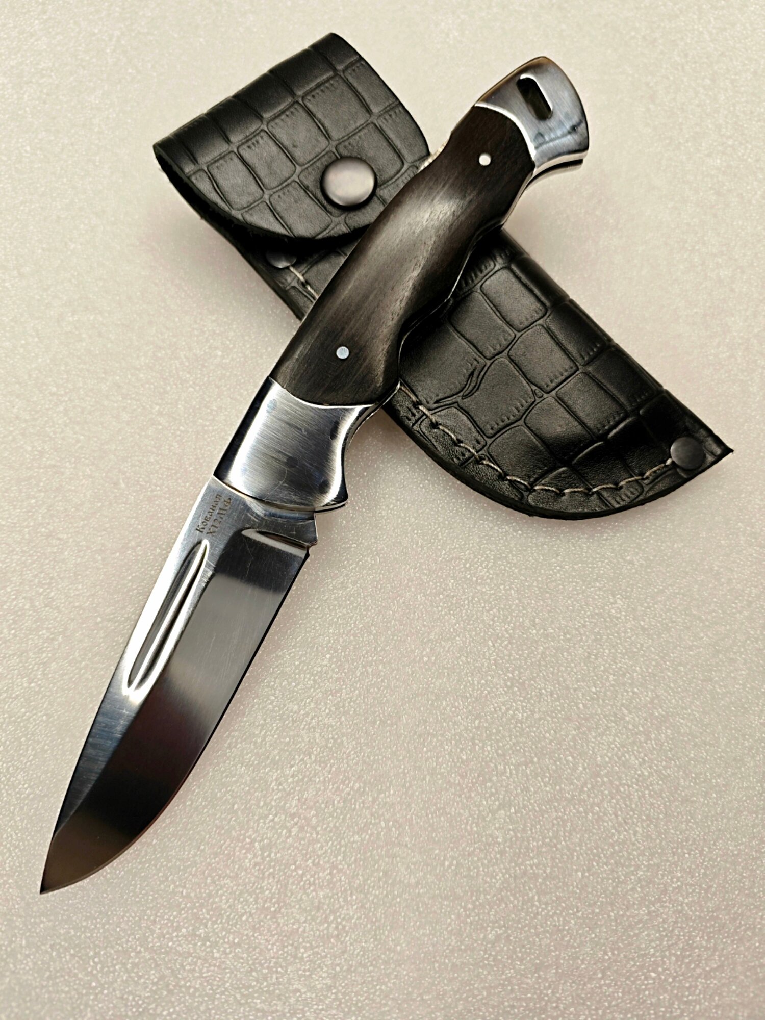 Нож складной Фанат Кованая Х12МФ Чёрный Граб длина 24см ручная работа ножны натуральная кожа в комплекте