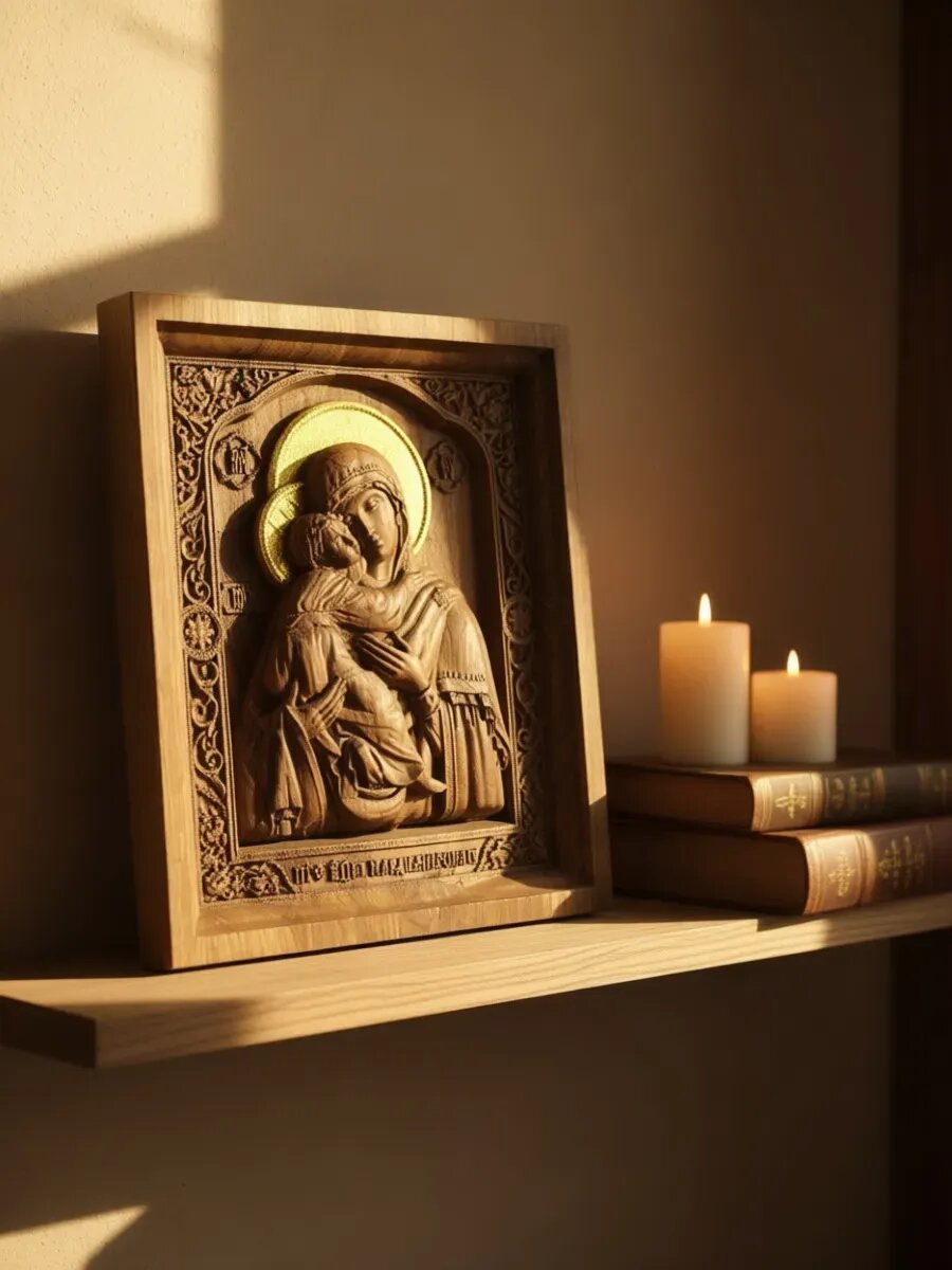 Освященная Владимирская икона Божией Матери из дуба малая