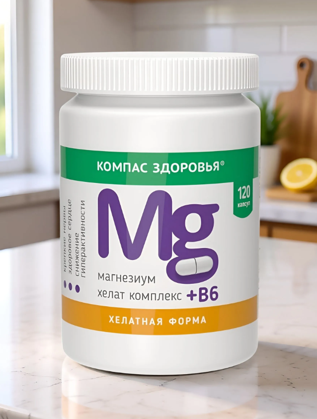 Магний + В6 Витаминный комплекс, хелатная форма, 120 капсул Компас Здоровья
