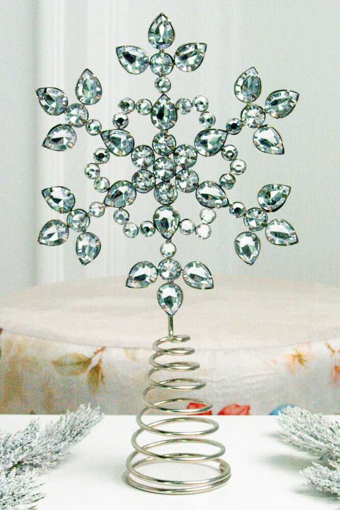 Верхушка на елку снежинка В алмазах-листочках, стекло, металл, серебряная, 26 см, Koopman International A72100480-2