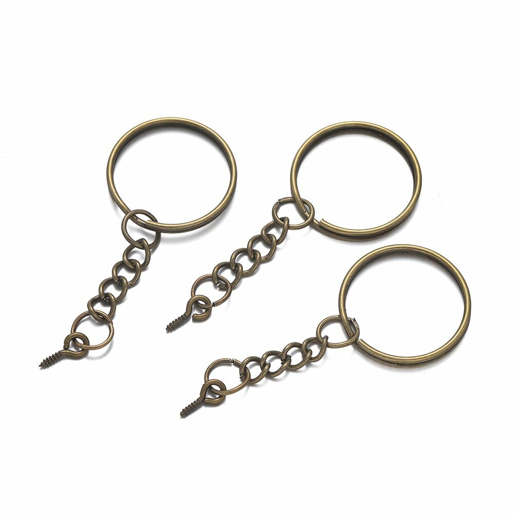 Кольца с цепочкой для брелоков и ключей, набор из 10 штук, со штифтом, цвет бронза
