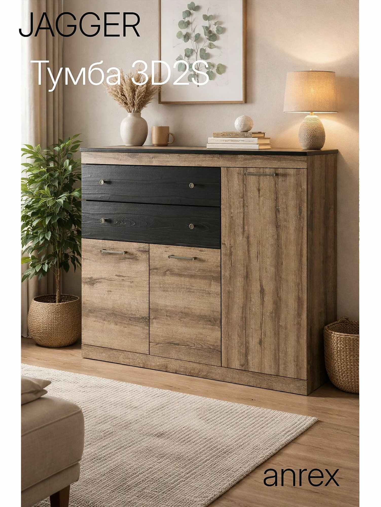 Тумба ANREX JAGGER 3D2S 120,2*103*35,6 см, Дуб монастырский /Черный
