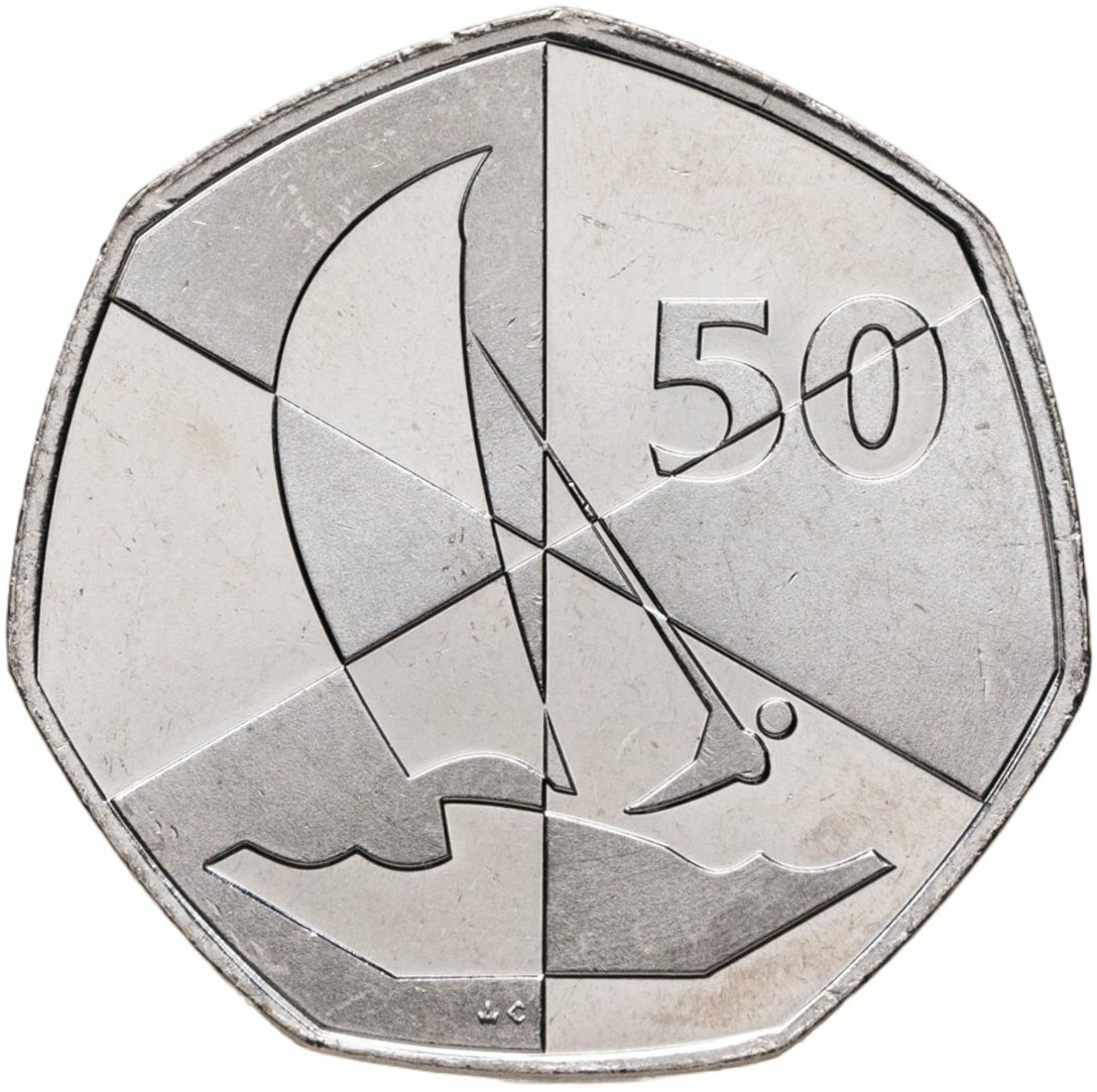 Гибралтар 50 пенсов 2019 "Островные игры Яхта Корабль", Сталь с никелевым покрытием, в сохранности UNC