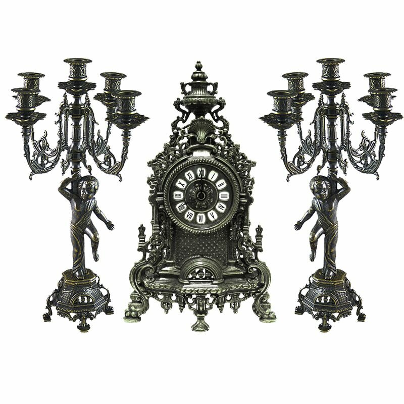Часы каминные и 2 канделябра Купидон на 5 свечей, под бронзу