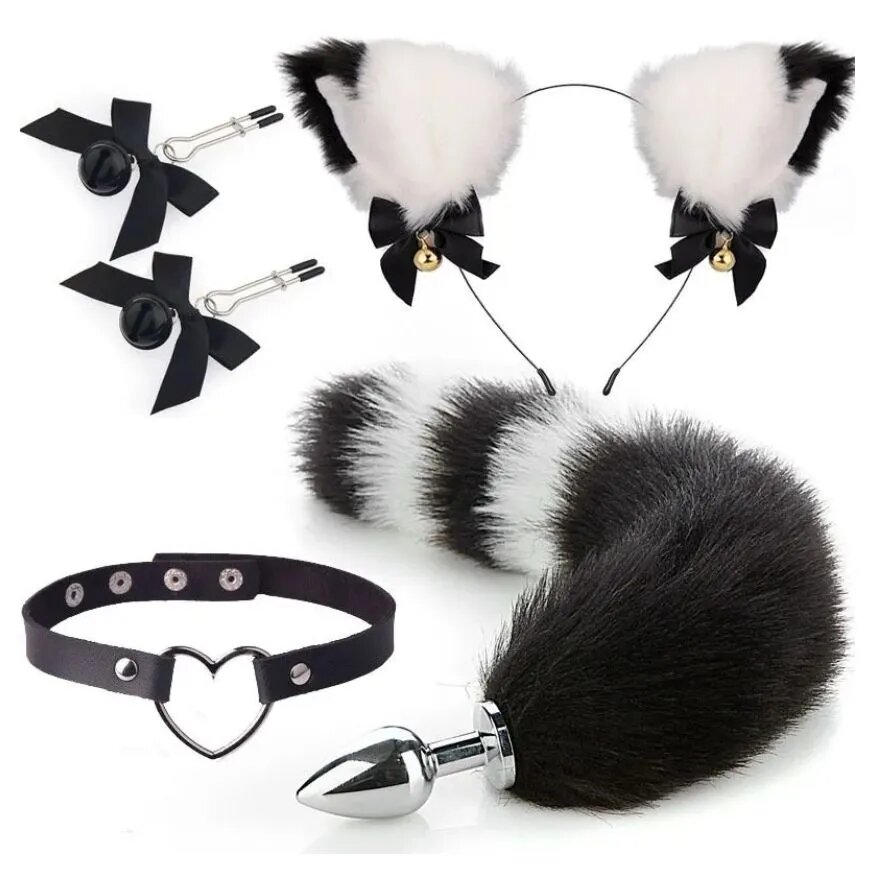 Анальная пробка, ушки кошки, чокер на шею, зажимы для сосков. Костюм для ролевых игр. Товары для взрослых, бдсм набор +18