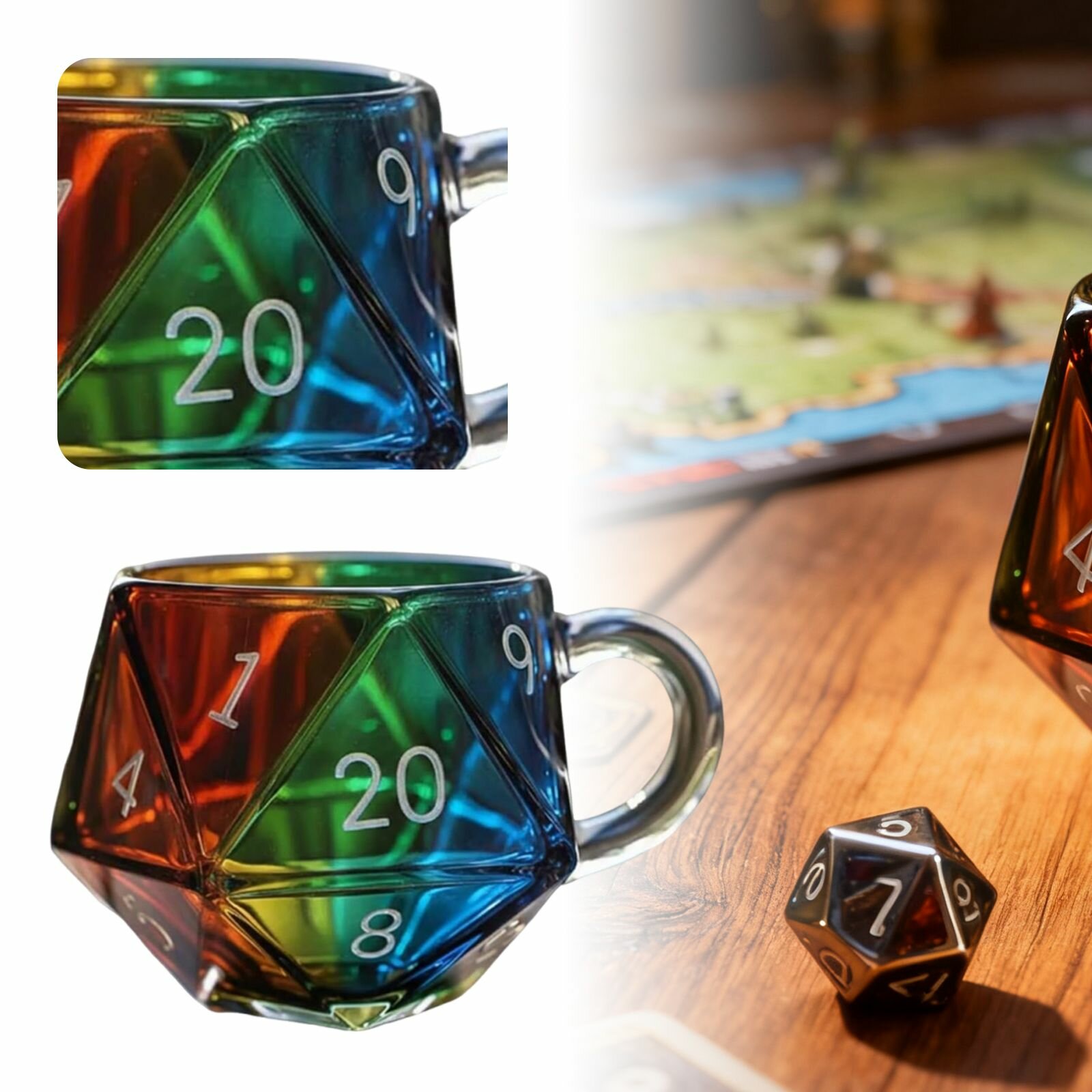Чашка для игры и дома, стеклянная D20 с радужным покрытием