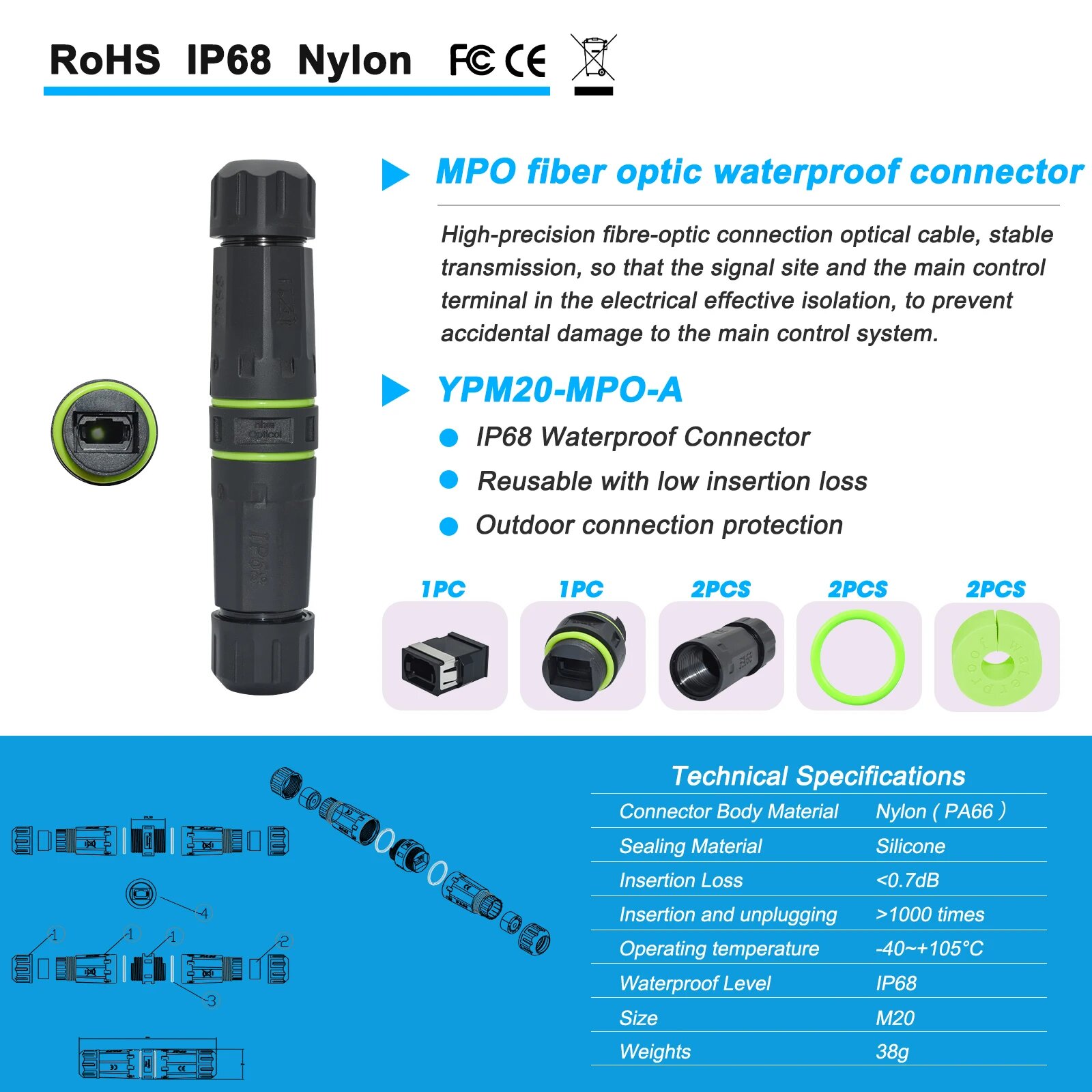 Новый оптоволоконный разъем MPO MTP, фланец адаптера UP-DOWN OM3, 10-гигабитный соединитель, водонепроницаемый разъем
