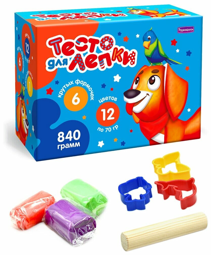 Тесто для лепки 12 цветов 840 грамм формы скалка (в коробке)
