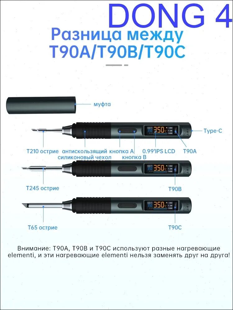 Паяльник ALIENTEK T90B 140 Вт с регулировкой мощности, 3 предмета, голубой — фото 1