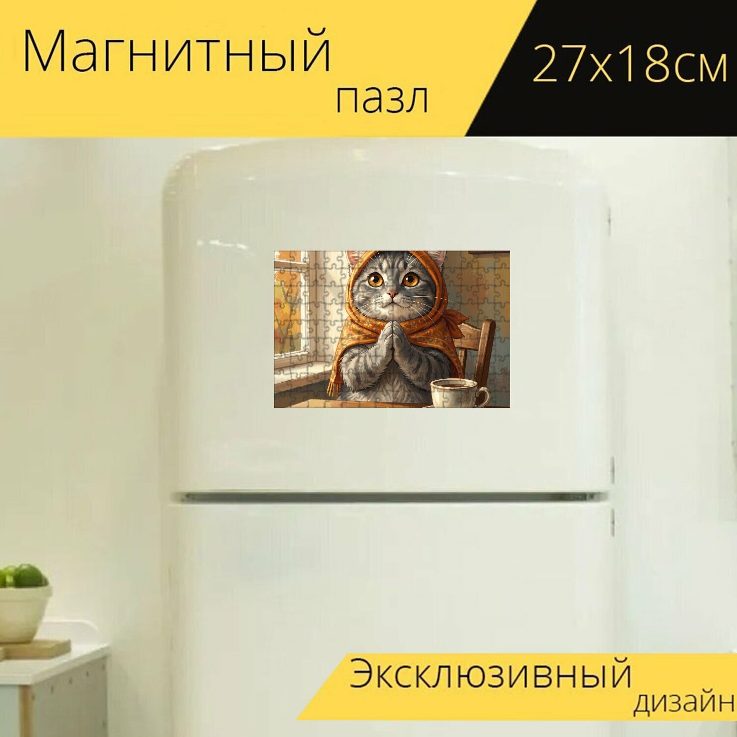 Магнитный пазл "Кот в шарфе у окна. Милый серый кот с оранжевым платком сидит за столом у окна, лапки сложены в молитвенном жесте, рядом чашка чая и." на холодильник 27 x 18 см.