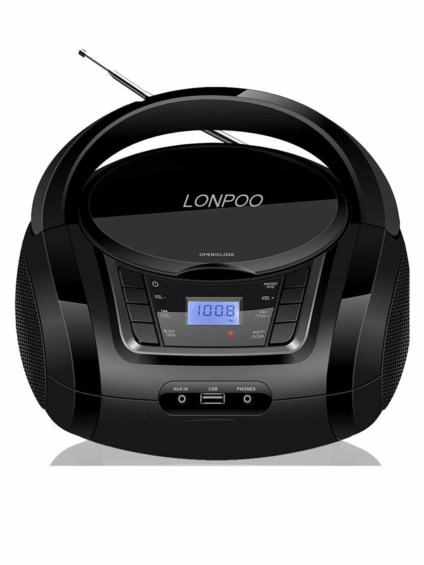 LONPOO Стерео CD-плеер с Bluetooth, FM-радио, поддержкой MP3, разъемами USB/AUX, выходом для наушников, LCD-дисплеем, компактный CD-плеер для изучения языков