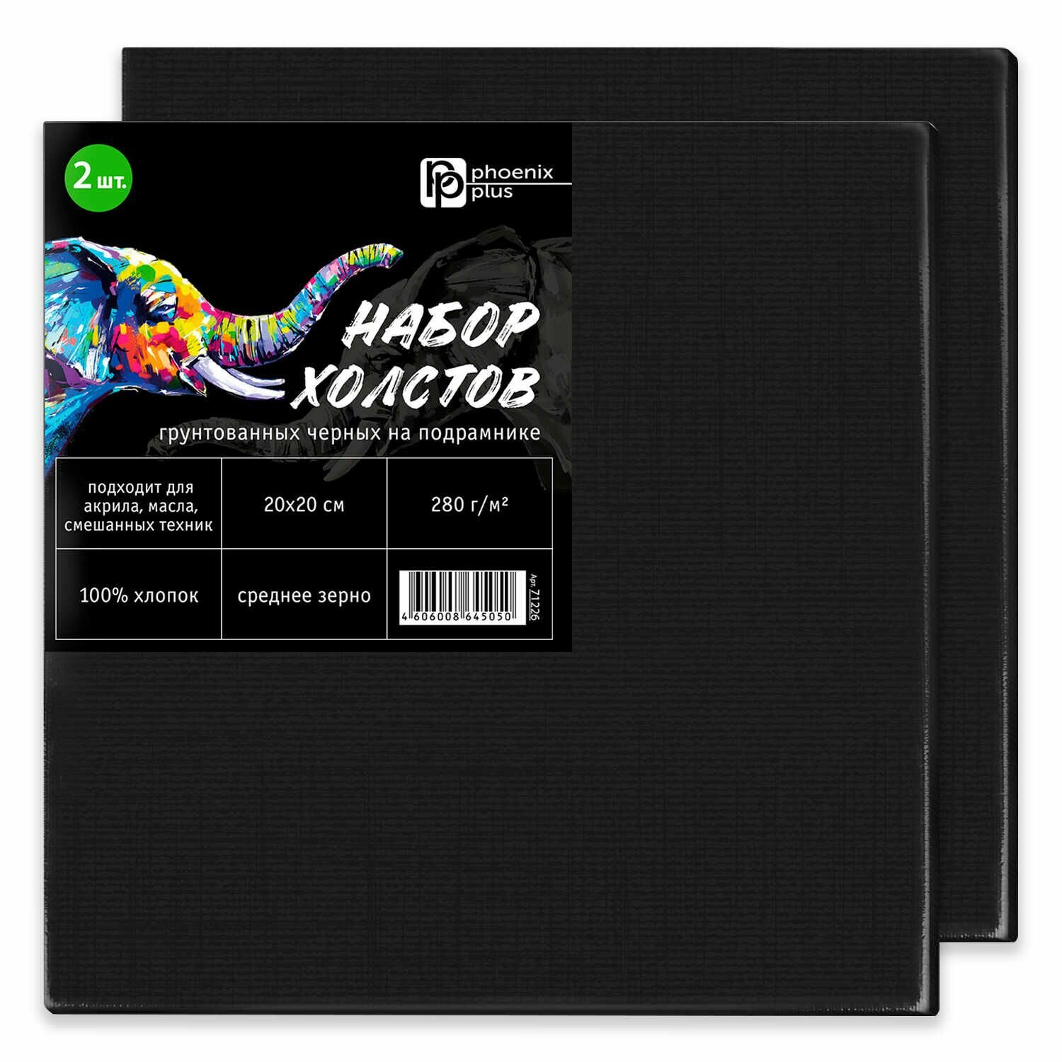 Набор холстов на подрамнике Феникс Плюс 20х20 см, "Слон" 2 шт, 100% хлопок, 280 гр/м2, среднее зерно, черный (71226)