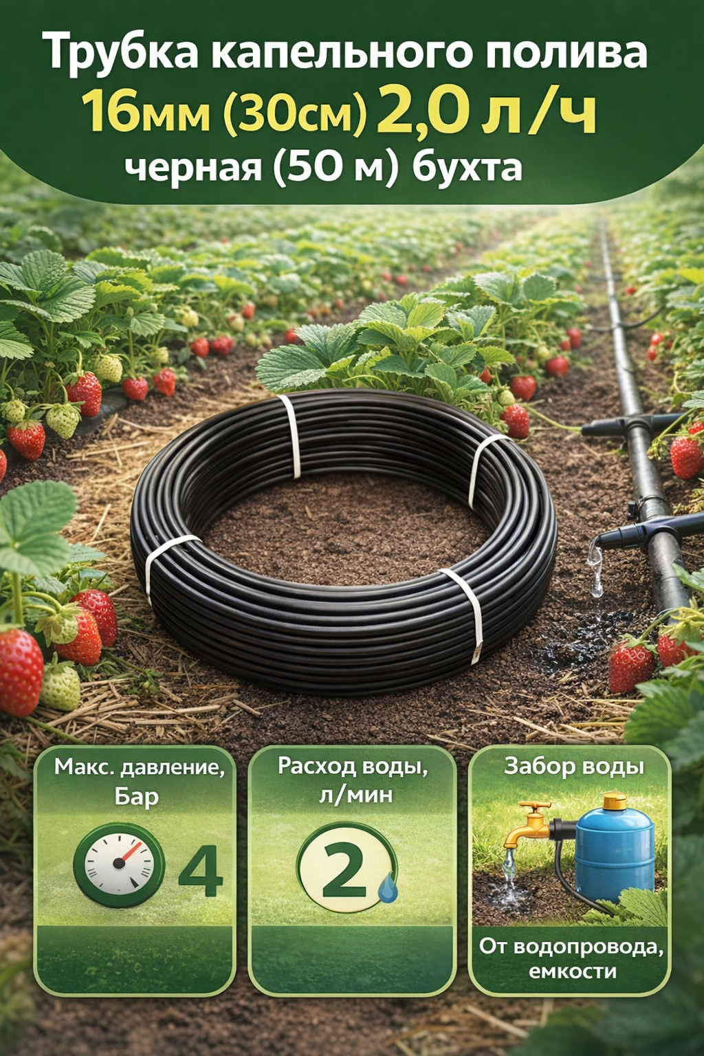 Трубка капельного полива 16мм (30см) (бухта 50м ) 2,0л/ч Irritime черная капельный полив