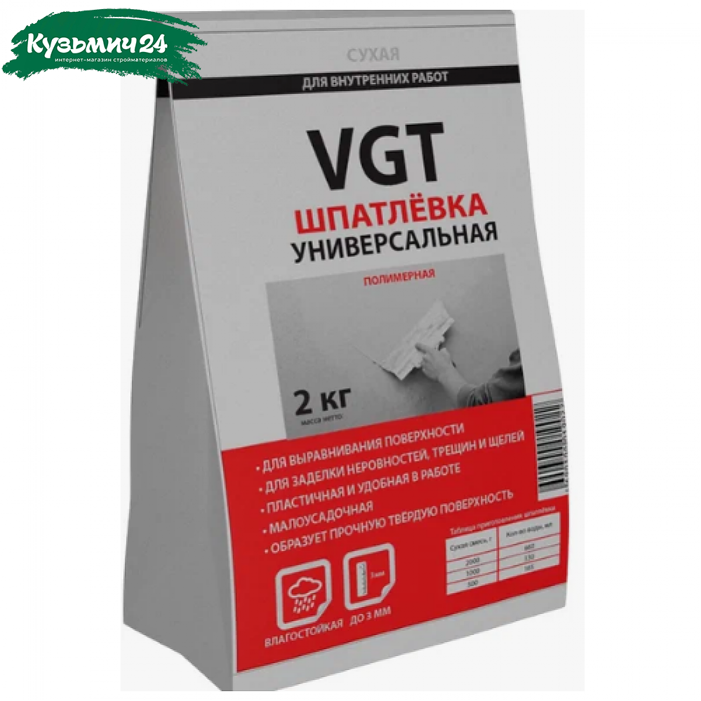 Шпатлёвка VGT универсальная полимерная сухая для внутренних работ 2 кг