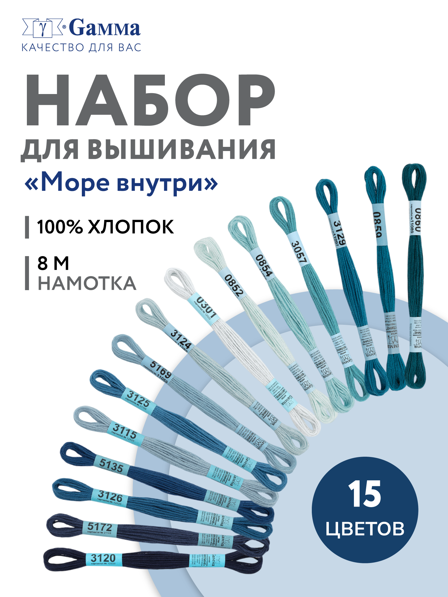Набор ниток мулине Гамма 15 цветов, хлопок №02 Море внутри