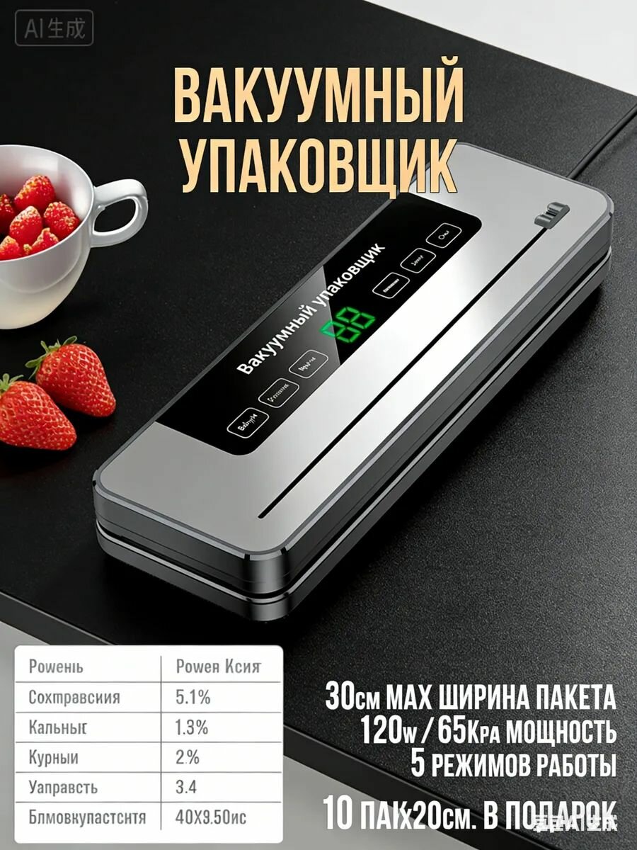 Вакуумный упаковщик, для пищевых продуктов, пластик, мощность 90 Вт