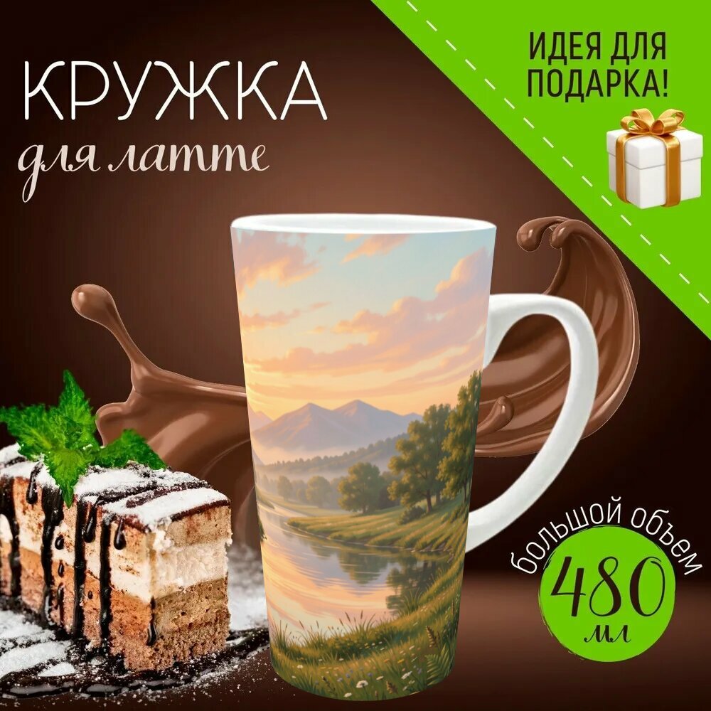 Кружка латте керамическая большая для чая и кофе с прикольным принтом "Рассвет над рекой и горами. Живописная долина с извилистой водной гладью, зелёными холмами, деревьями." 500 мл.
