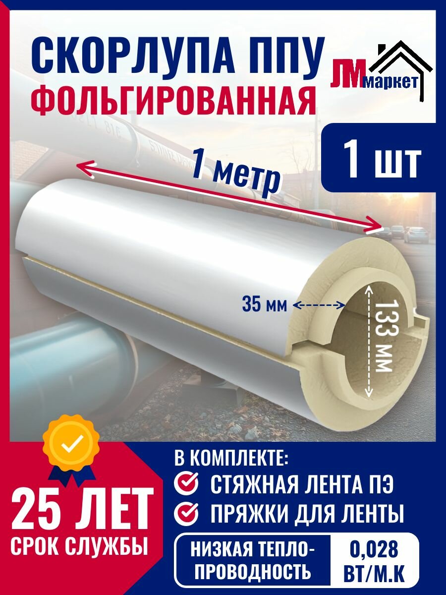Утеплитель для труб, фольгированный, скорлупа ППУ, для трубы с внешним диаметром 133 мм.