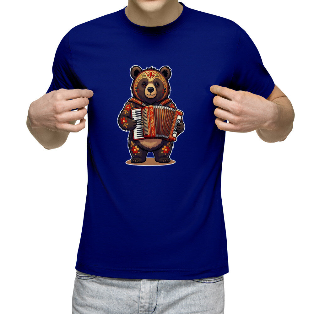 Мужская футболка «Медведь с гармошкой в хохломе» (синий, 2XL)