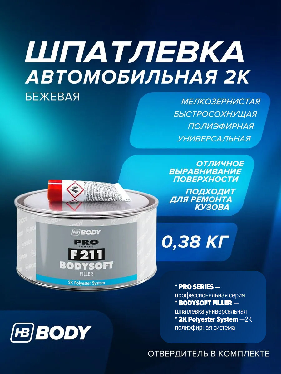 Шпатлевка автомобильная со стекловолокном 0,5 л 2К зеленая с отвердителем / HB BODY F217 / шпаклёвка стекловолокно