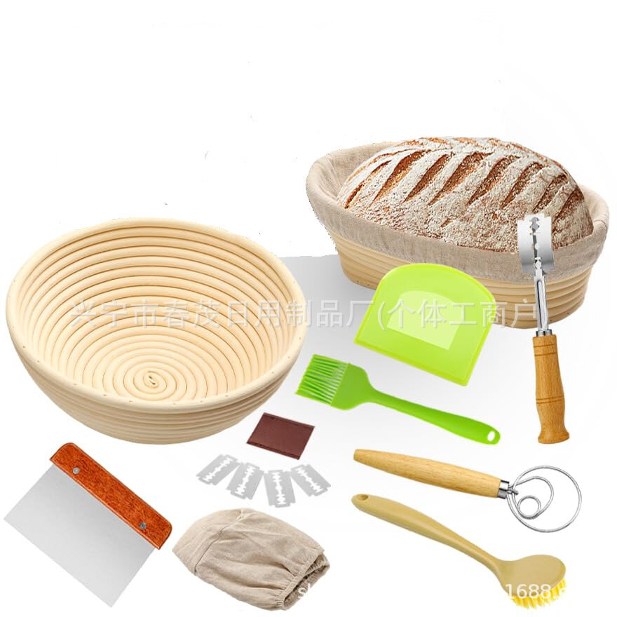 Корзина для хлеба из ротанга, корзина для французского хлеба, скребок, распределитель для муки, нож для обрезки, нож для нарезки, силиконовый коврик, банка для ферментации, набор кистей для масла.