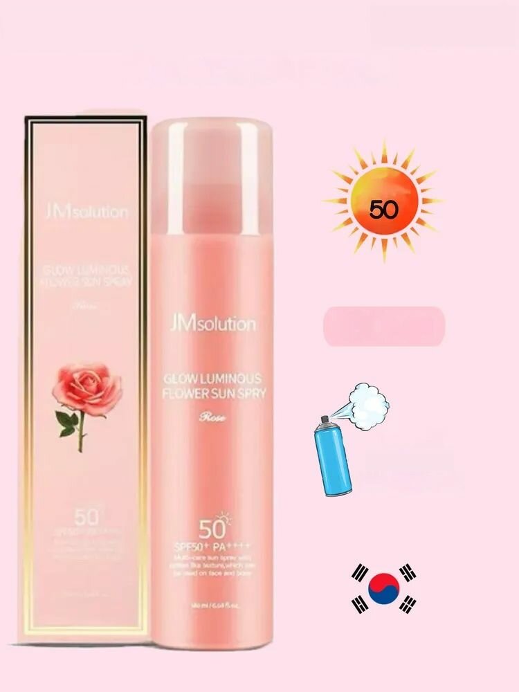 JMsolution Спрей для лица солнцезащитный с розовой водой - Glow luminous flower sun spray, SPF 50, 180мл SPF50 защита от солнца