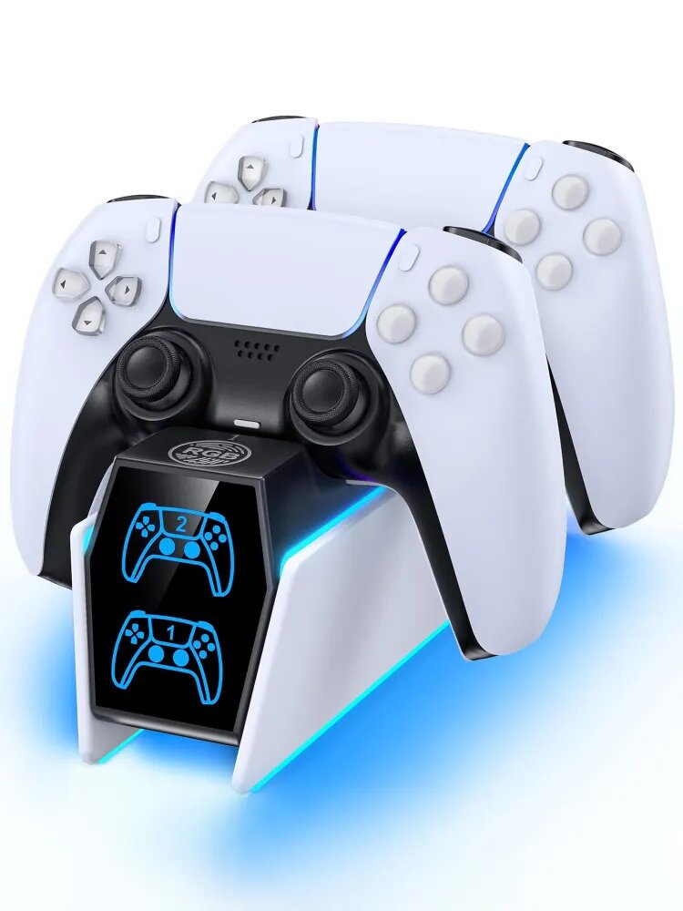 Беспроводная док-станция для 2 контроллеров PS5, совместима с DualSense и Edge, 9 режимов подсветки, LED-индикатор и выключатель