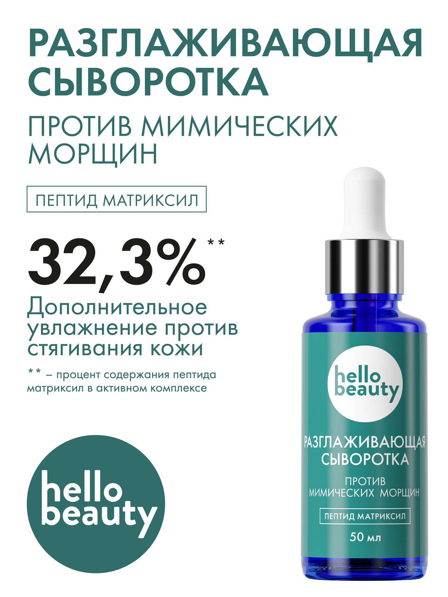 Антивозрастная увлажняющая сыворотка с Matrixyl и гиалуроновой кислотой для лица Hello Beauty, разглаживает мимические морщины, 50 мл.