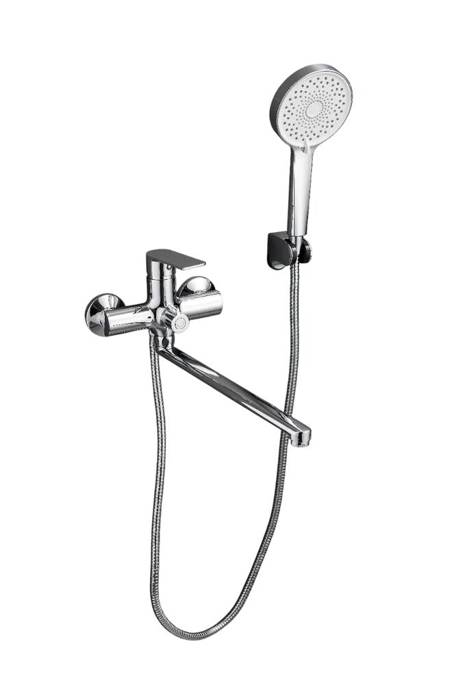 Смеситель для ванны с длинным изливом BELZ B679 B22679 с душевым гарнитуром, поворотный, латунный, хром, глянцевый, смеситель для ванны с душем, рычажный, с настенным держателем