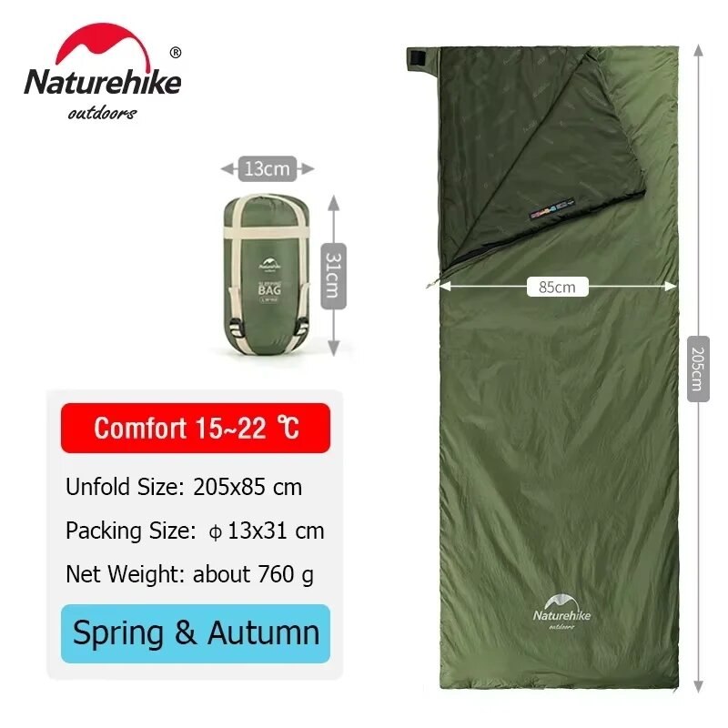 Naturehike LW180 Ультралёгкий хлопковый спальный мешок для взрослых Темно-зеленый, Green - 205x85 cm
