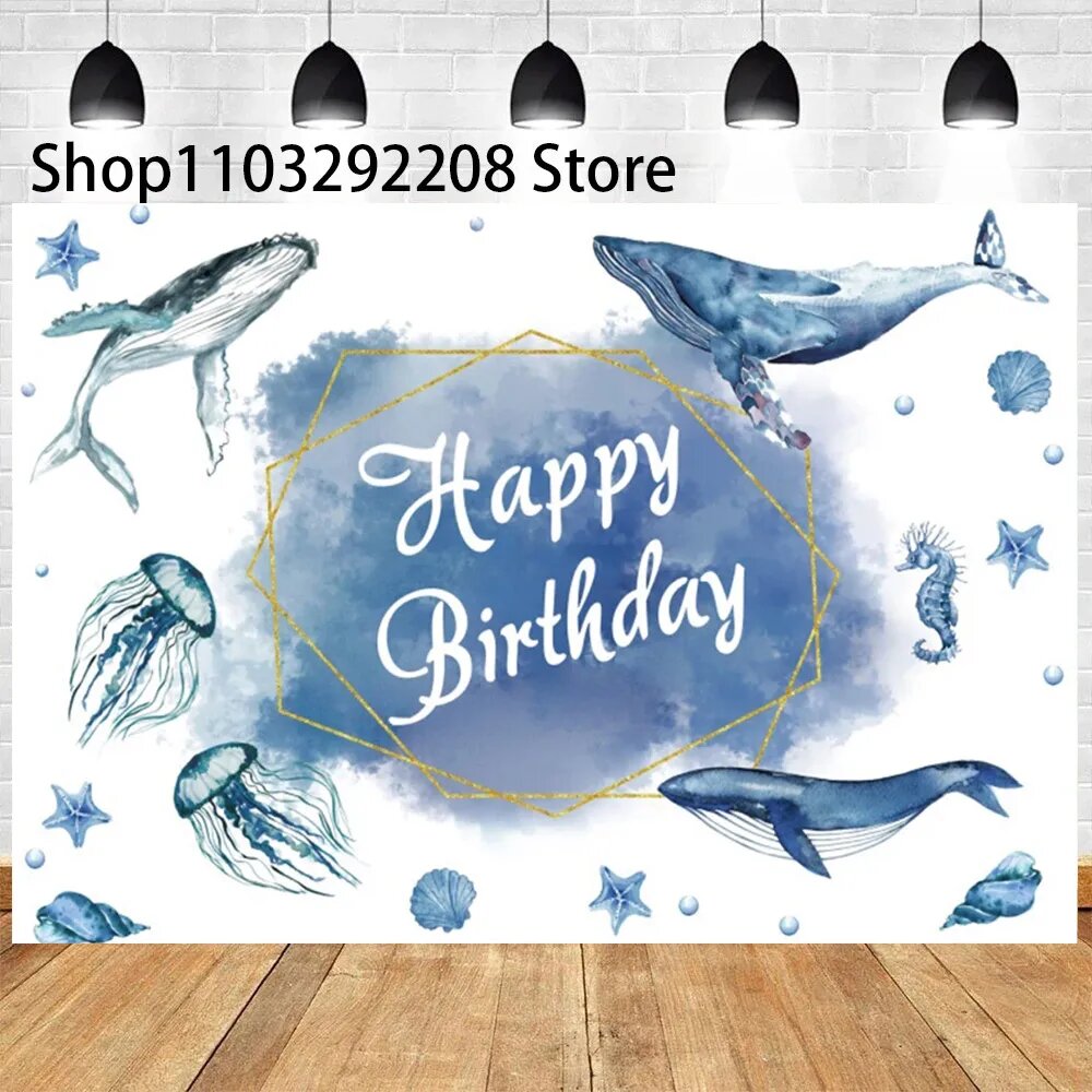 Фоно для фотосессии "Happy Birthday" с китами, 210x150cm, QT 1-35
