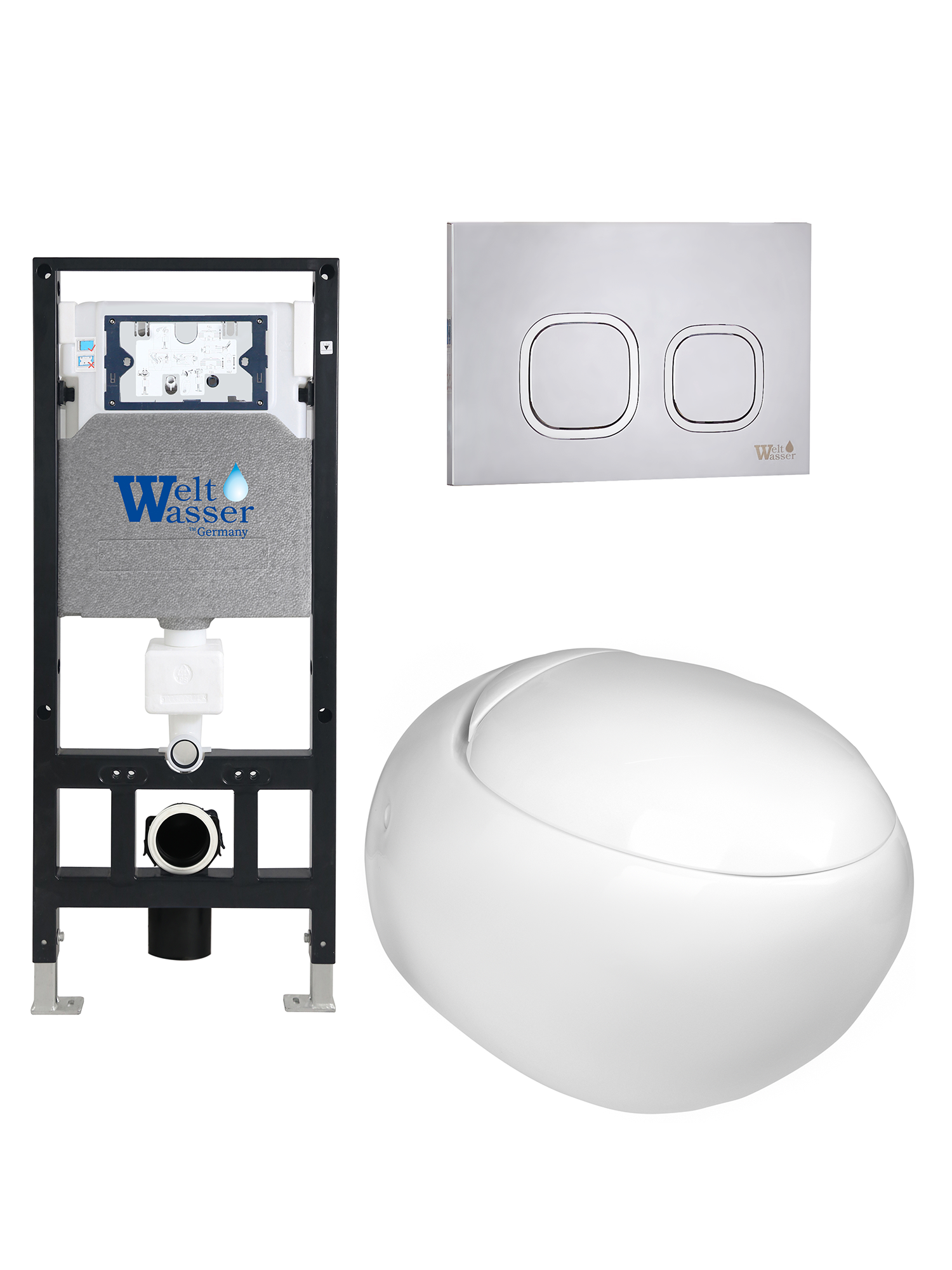 Комплект 3 в 1 Унитаз подвесной WeltWasser JECKENBACH 004 GL-WT безободковый+Инсталляция AMBERG 506 с кнопкой AMBERG RD-MT CR хром матовый