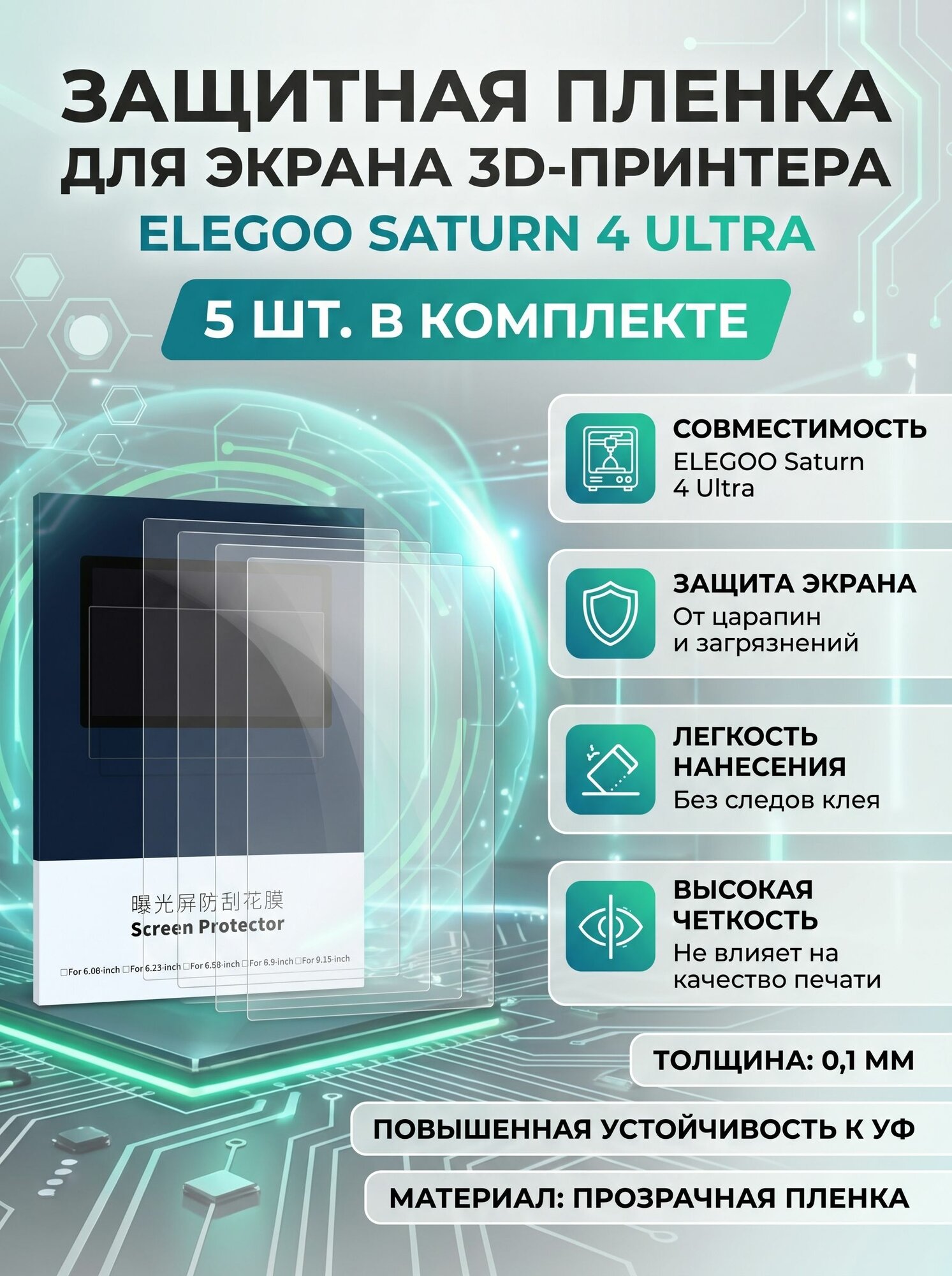 Защитная пленка для экрана 3D-принтера ELEGOO Saturn 4 Ultra 5 шт.