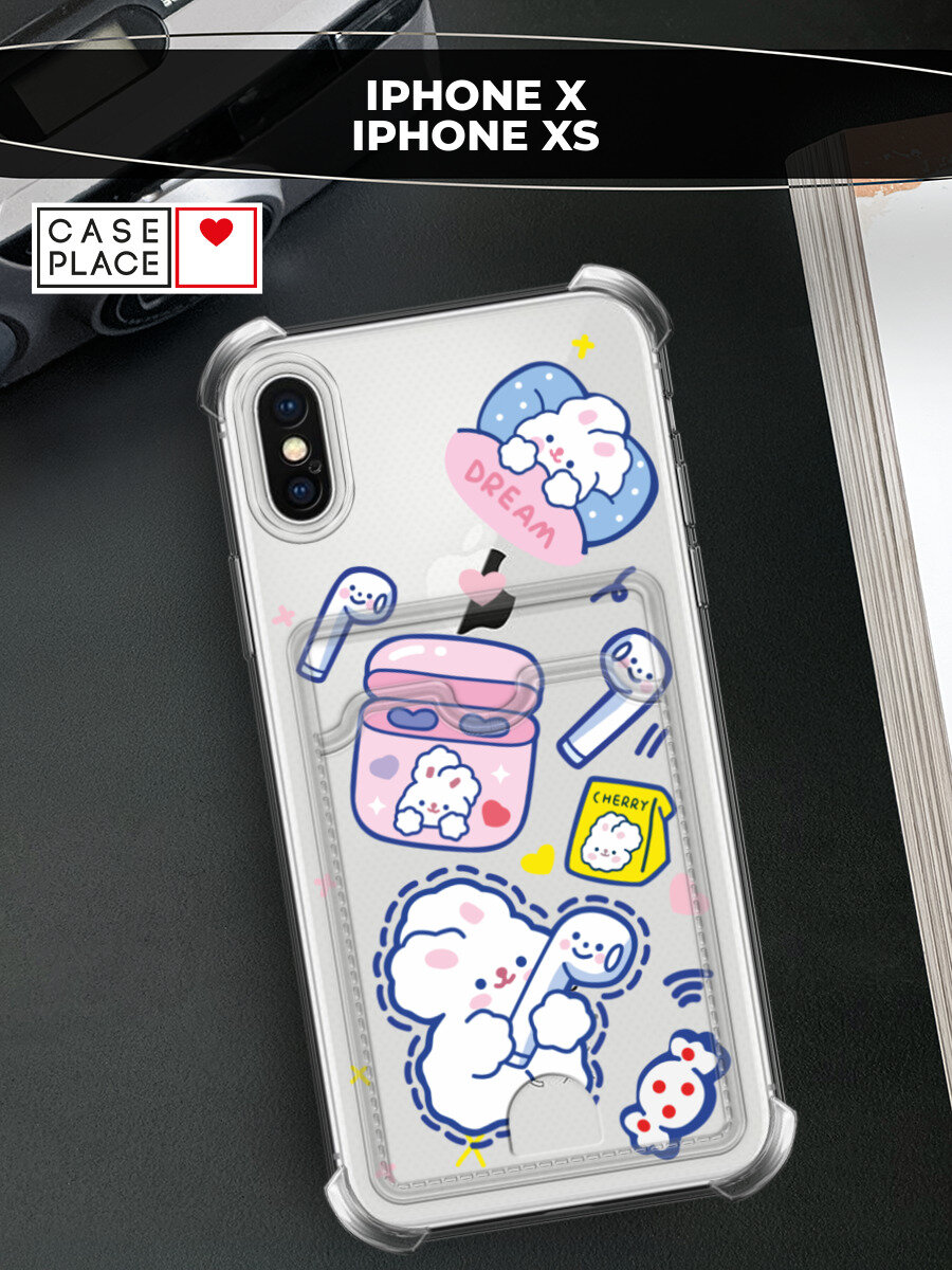 Чехол на Apple iPhone X/XS (Айфон X/XS) с картой и принтом Мишка с наушником в корейском стиле
