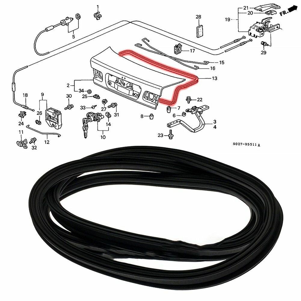 Уплотнитель задней крышки багажника Honda Civic 4D седан 1996-2000 OEM 74865-S04-003 резиновый (ABS) черный замена