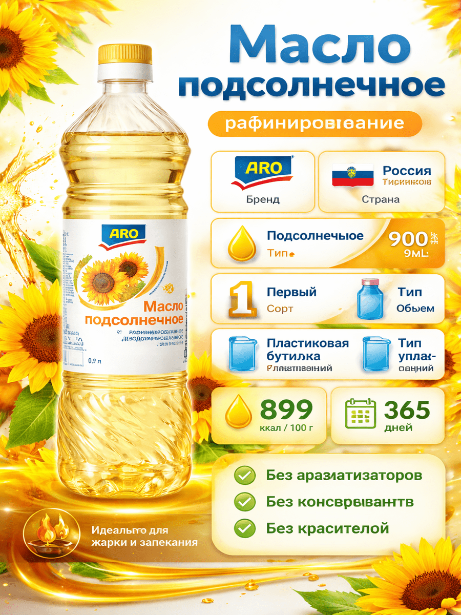 Aro Масло подсолнечное рафинированное дезодорированное, 900мл
