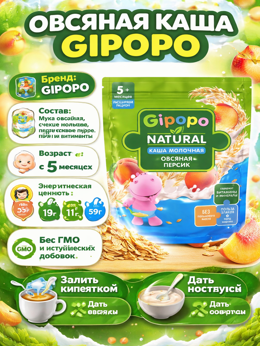 Каша сухая детская Gipopo Овсяная молочная Персик с 5 месяцев, 200г