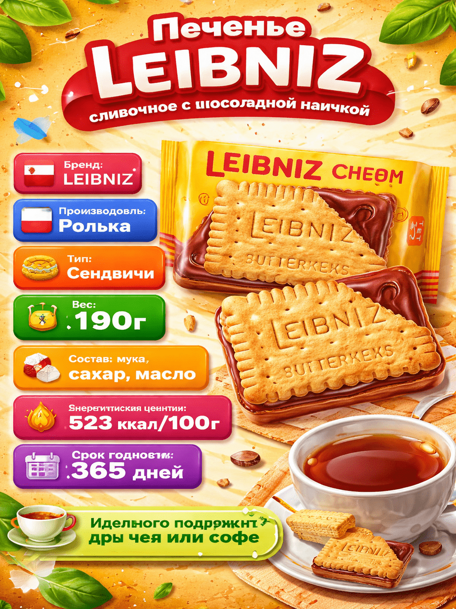 Печенье Leibniz сливочное с шоколадной начинкой, 190г