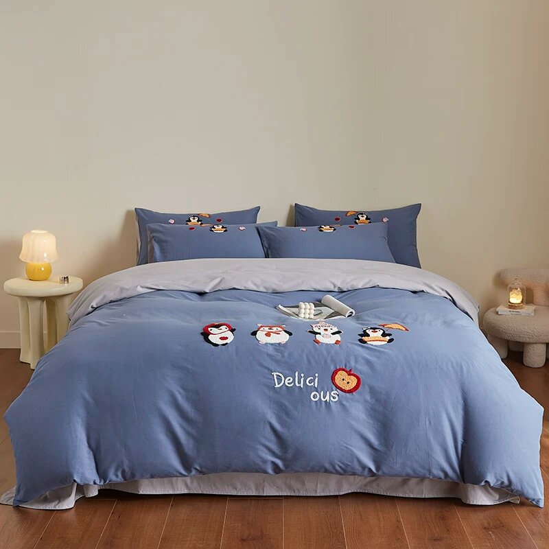 Комплект постельного белья из чистого хлопка с мультяшной вышивкой, 4 предмета, с пододеяльником и простыней, милый