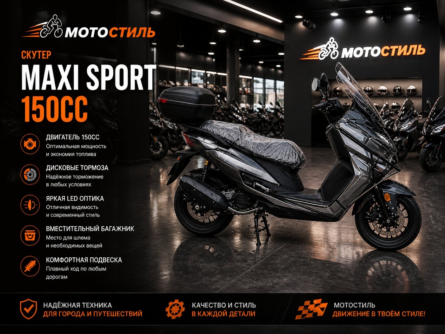 Скутер бензиновый MAXI SPORT, 150cc, 15л. с, современный дизайн, экономичность, 4-х тактный, вариатор, карбюратор