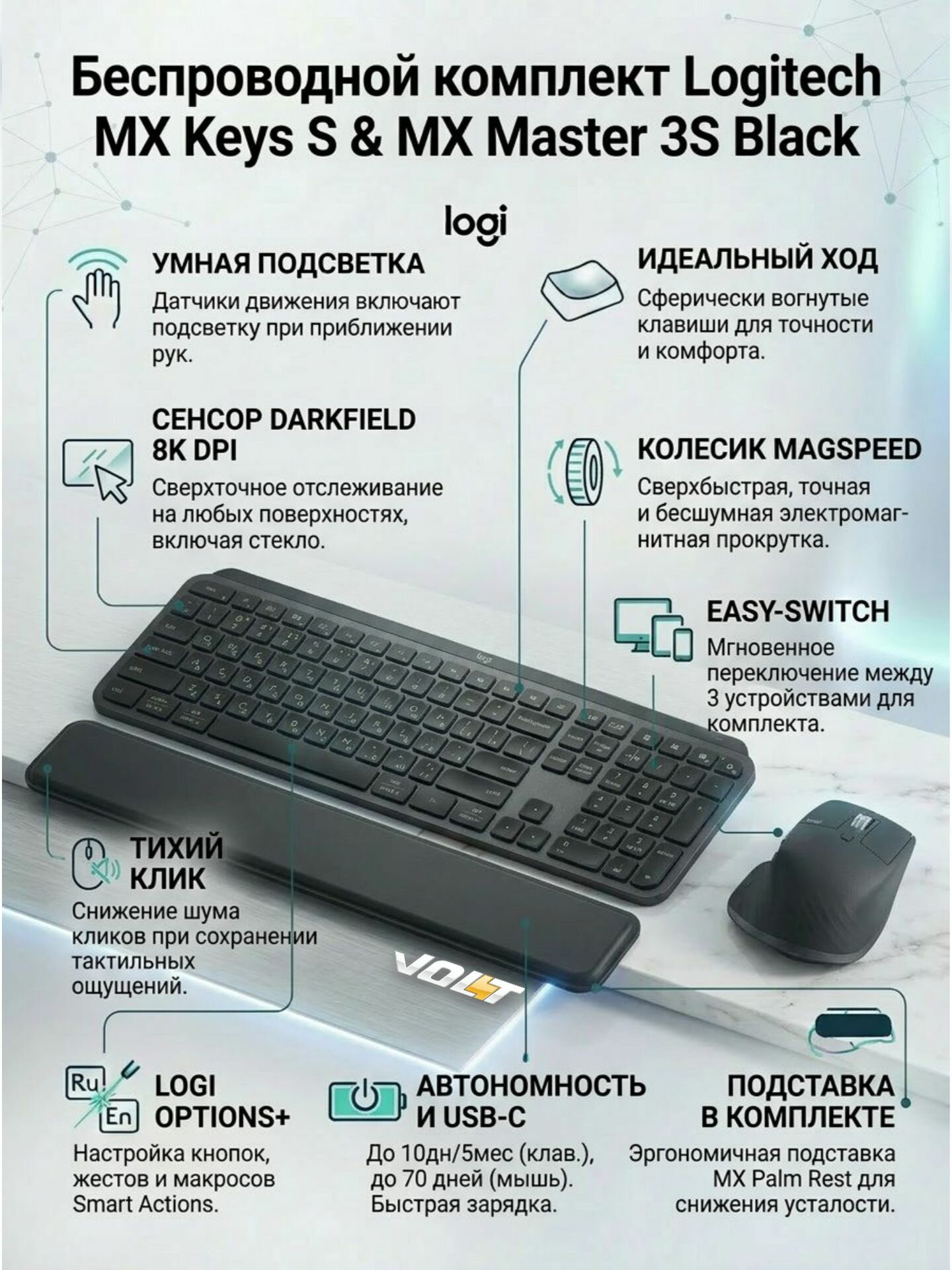 Комплект клавиатура + мышь Logitech MX Keys S Combo (En/Ru раскладка)